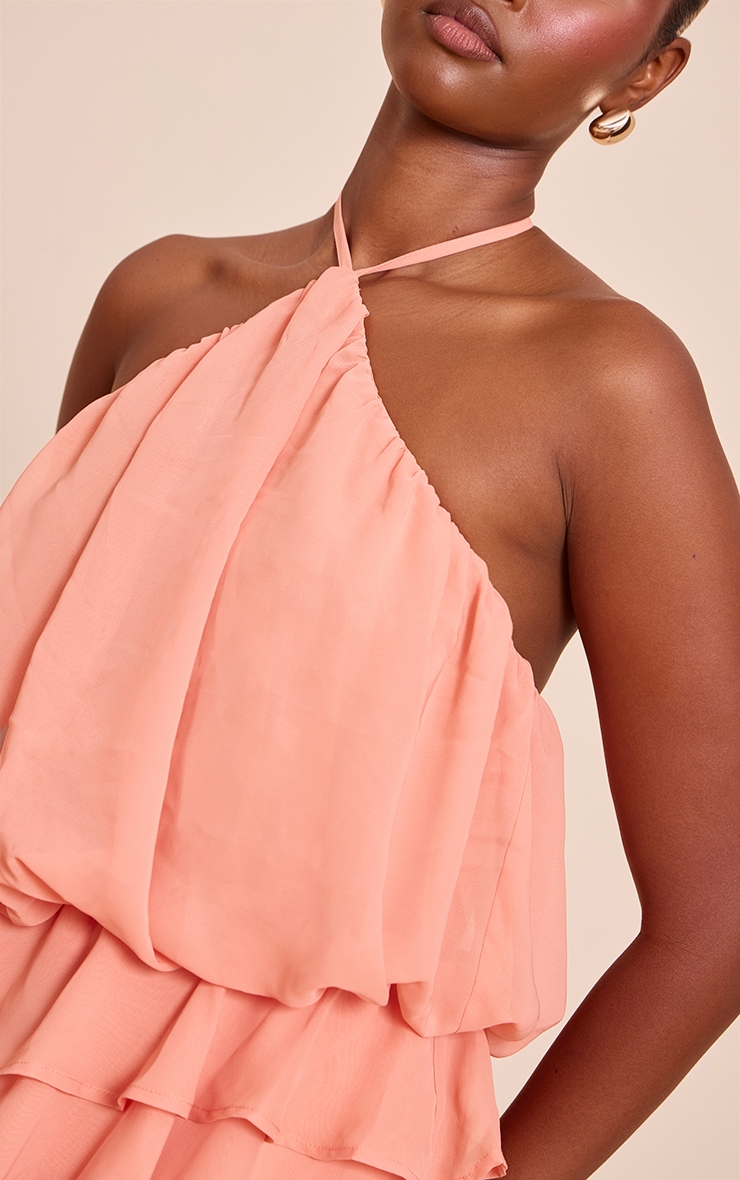 Peach Chiffon Frill Detail Halterneck Playsuit | Dresses | PLT