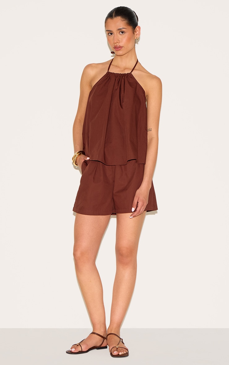 Tall Chocolate Poplin Low Back Halterneck Top | Tall | PLT USA