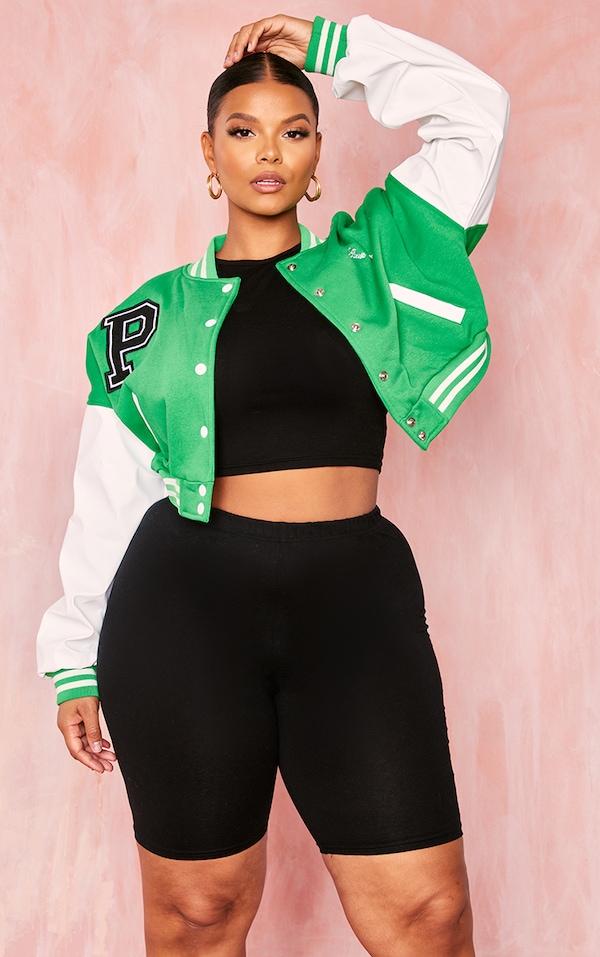 Plus Green Varsity Contrast Sleeve Bomber Jacket | Plus Size | PLT