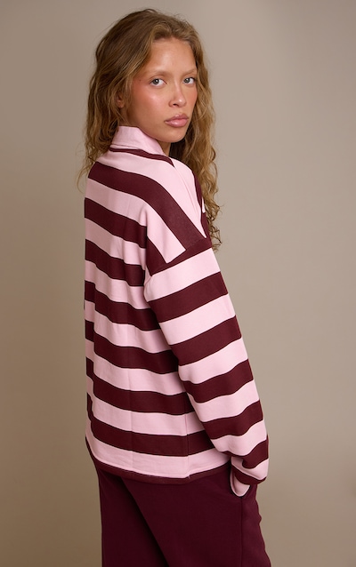 Burgundy And Pink Sports Club Stripe Polo Tshirt | Athleisure | PLT