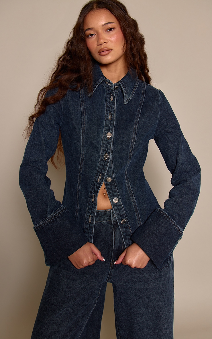 Dark Blue Vintage Cinch Denim Shirt | Denim | PrettyLittleThing CA