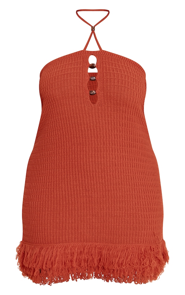 Plus Rust Knit Halterneck Bead Fringe Mini Dress | Plus Size | PLT USA