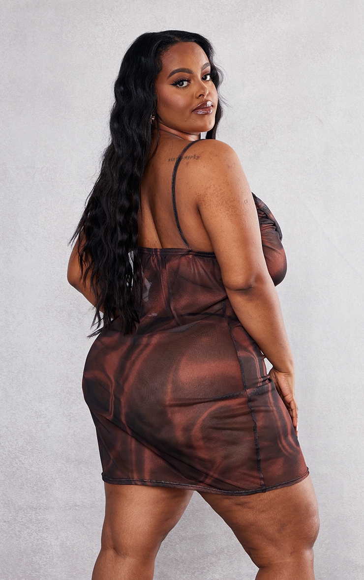 Plus Chocolate Satin Cowl Neck Mesh Bodycon Dress | PrettyLittleThing USA