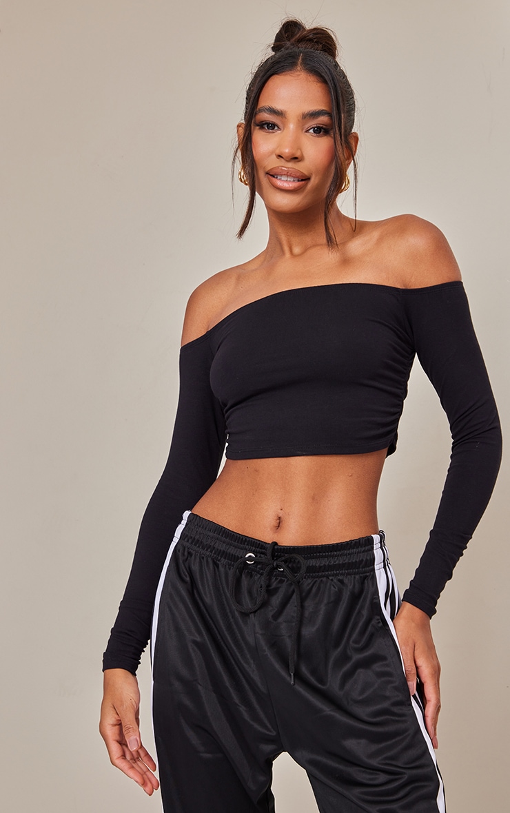 Black Jersey Ruched Detail Side Bardot Crop Top | Tops | PLT