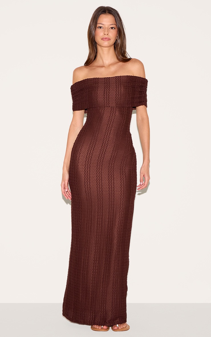 Chocolate Textured Bardot Maxi Dress | Dresses | PLT