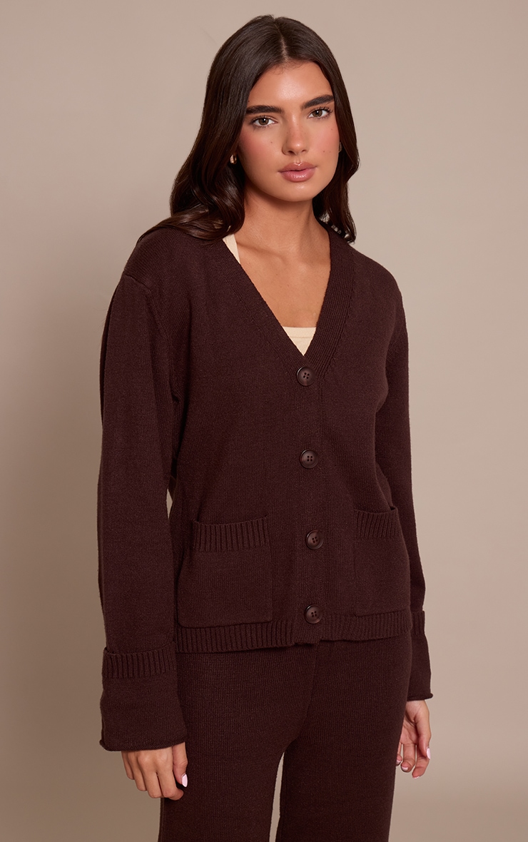 Chocolate Turn Back Cuff Cardigan | Knitwear | PrettyLittleThing USA