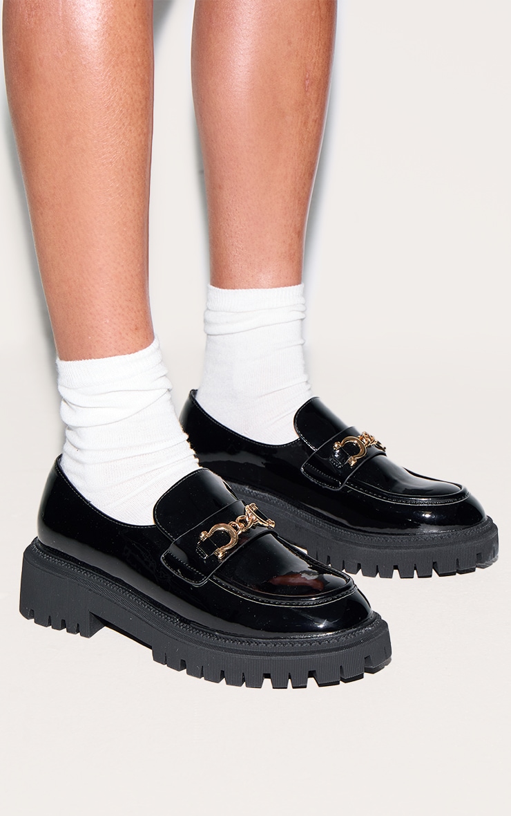 Black PU Round Toe Chunky Sole Chain Loafers | Footwear | PLT