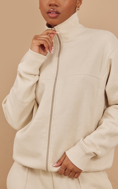 Beige Seam Detail Zip Through Track Top | Athleisure | PLT