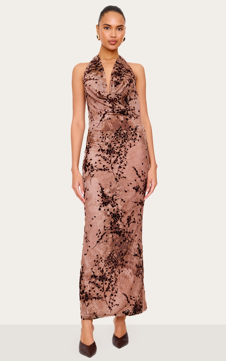 Brown Devore Cowl Neck Maxi Dress | Dresses | PrettyLittleThing USA