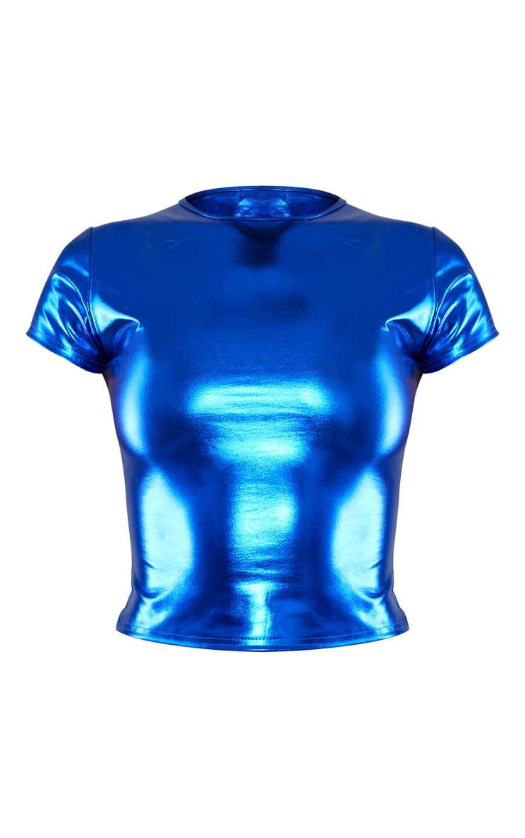 Cobalt Metallic Fitted Short Sleeve Long Top | PrettyLittleThing