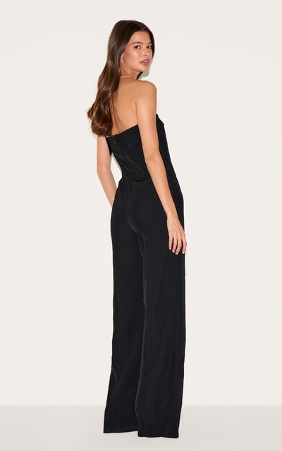 Black Woven Bandeau Corset Straight Leg Jumpsuit | Jumpsuits & Rompers | PrettyLittleThing USA