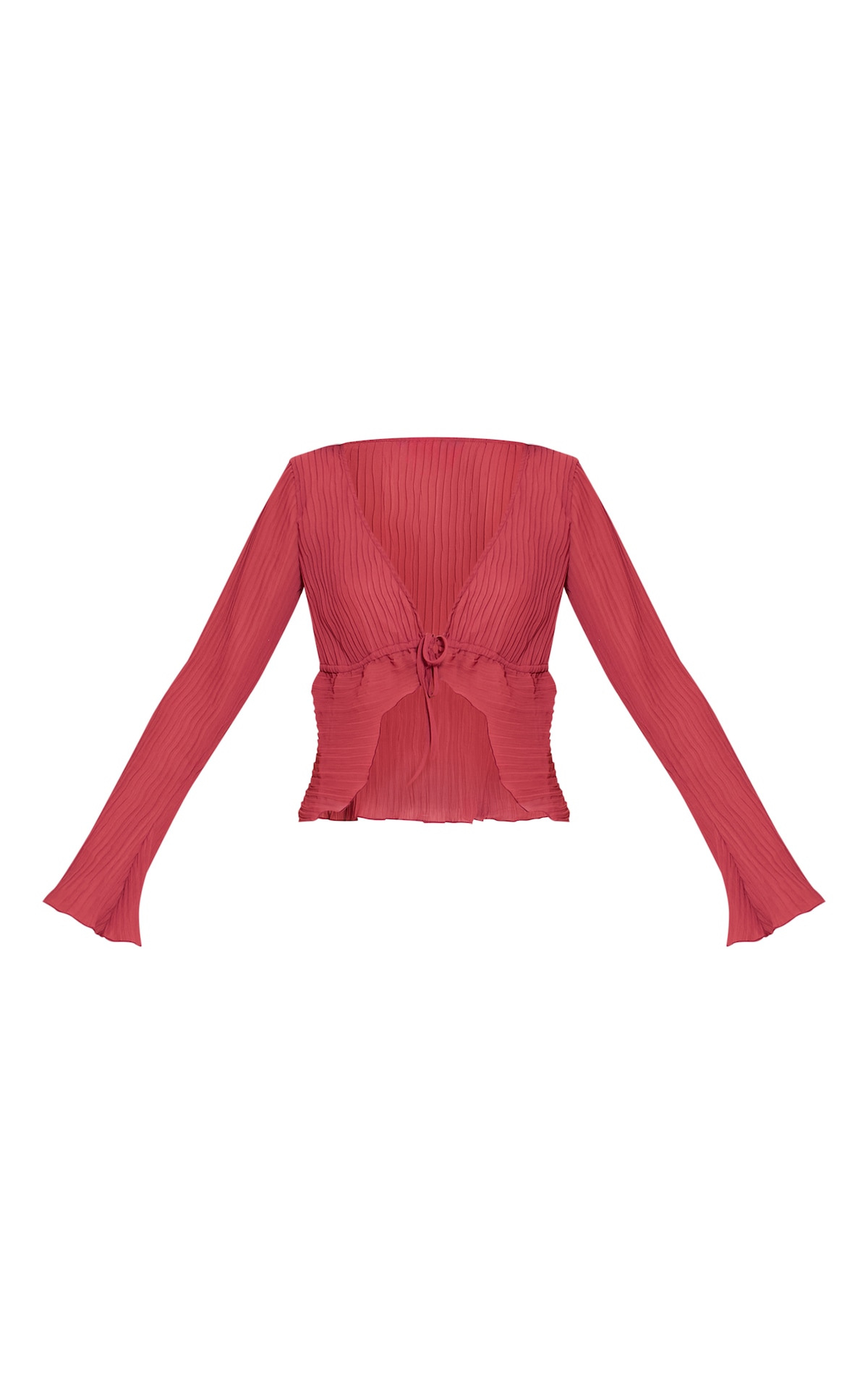 Mauve Sheer Plisse Tie Front Flute Sleeve Blouse | Tops | PrettyLittleThing USA