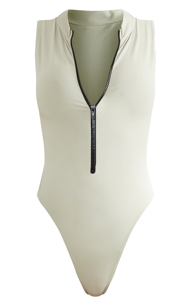 Moss Grey Matte Sculpt Zip Up Bodysuit | Tops | PLT KSA