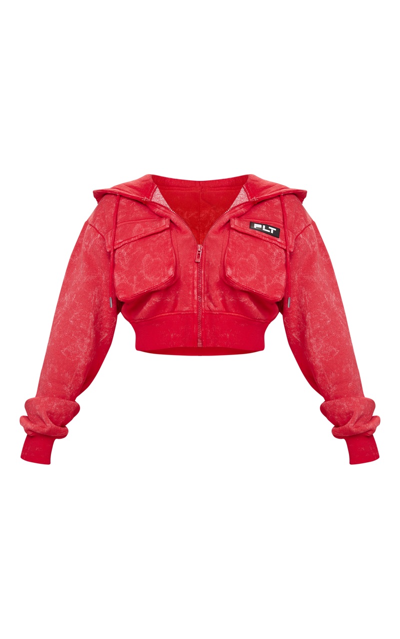 PLT Shape Washed Red Shape Cargo Cropped Hoodie | Shape | PrettyLittleThing