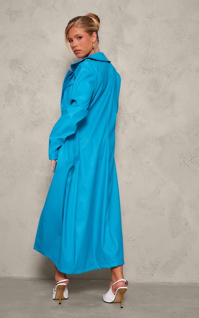 Aqua Faux Leather Button Up Trench Coat | Outerwear | PrettyLittleThing USA