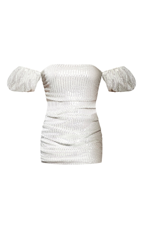 Silver Sequin Bardot Puff Sleeve Bodycon Dress | Dresses ...