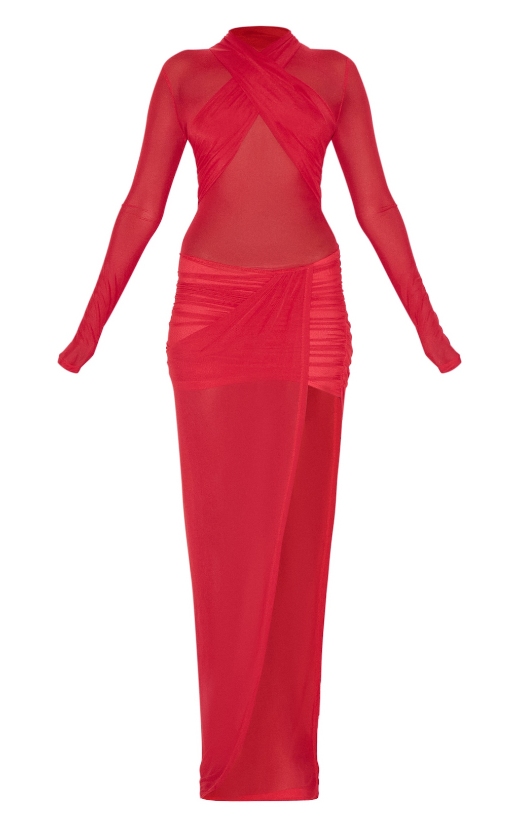 Red Mesh Crossover Bust Ruched Skirt Maxi Dress | Dresses | PLT