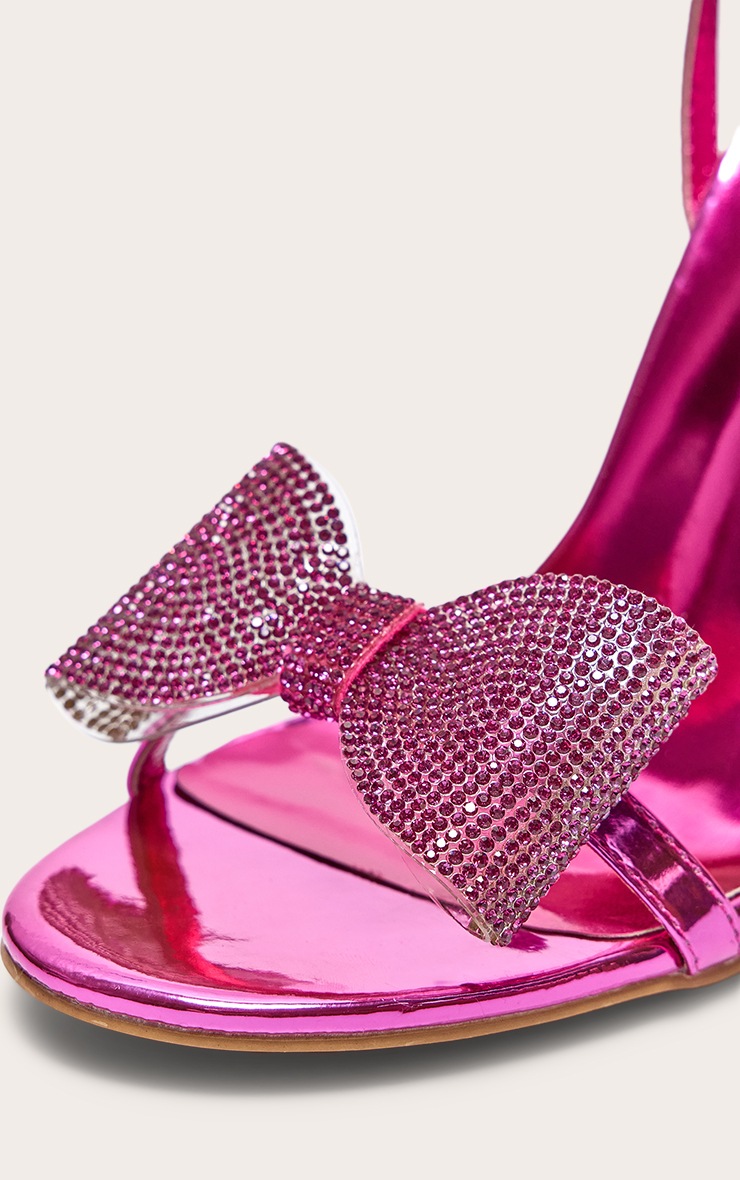 Pink Metallic Diamante Bow Heeled Sandals | Footwear | PLT