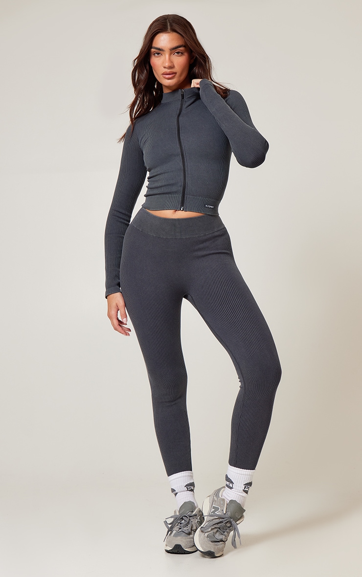 Charcoal Acid Wash Seamless Rib Crop Sports Jacket | Activewear ...