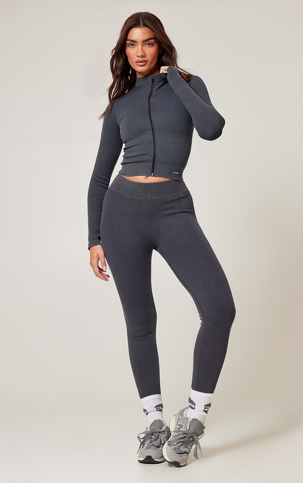 Charcoal Acid Wash Seamless Rib Crop Sports Jacket | Activewear ...