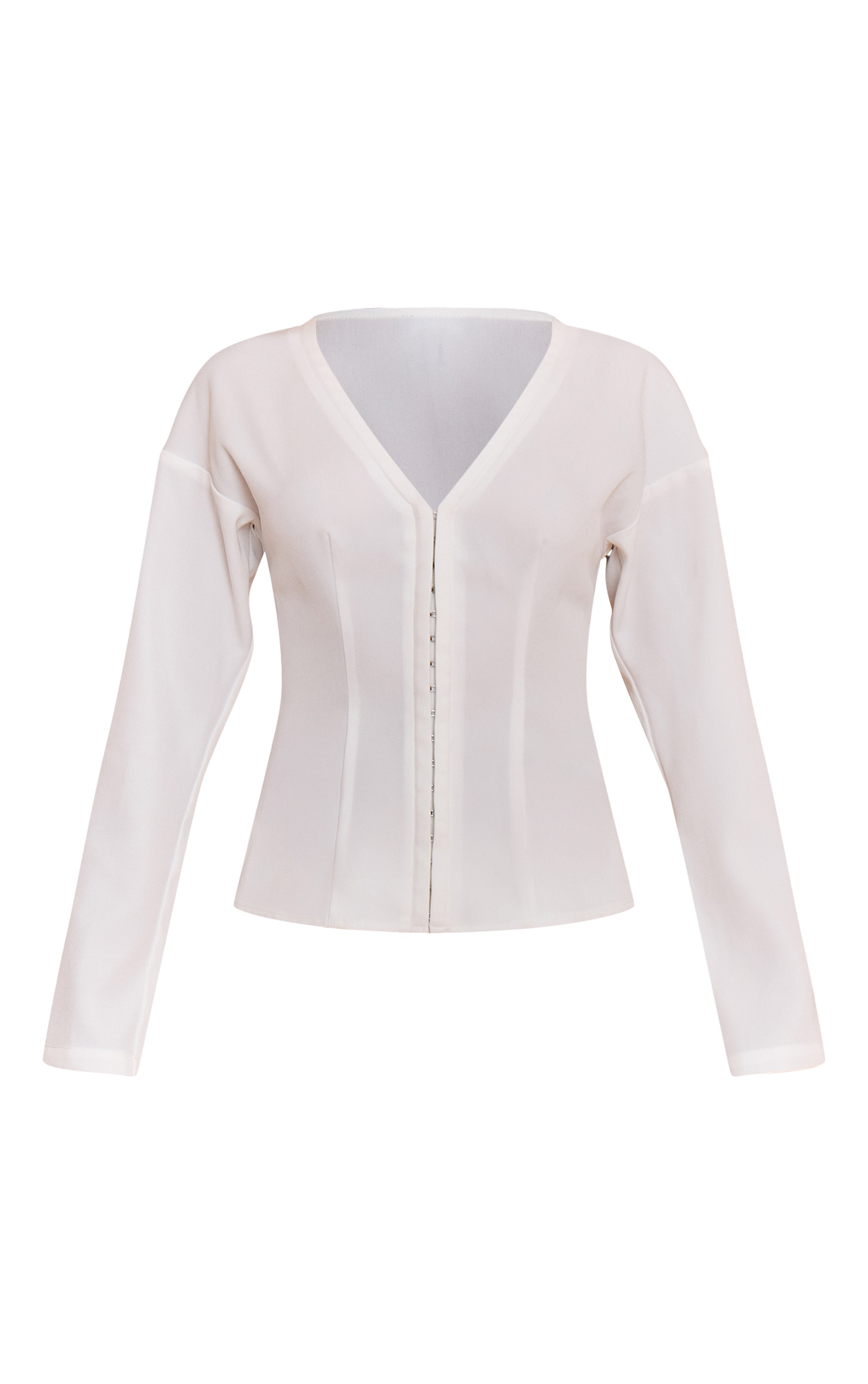 Petite White Collarless Hook Eye Cinched Waist Long Top | Petite ...