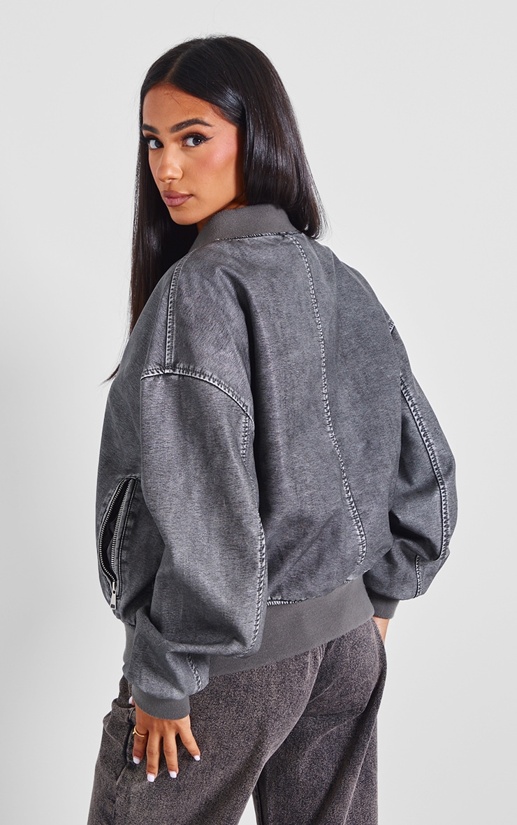 Petite Washed Grey Distressed PU Bomber Jacket | Petite ...