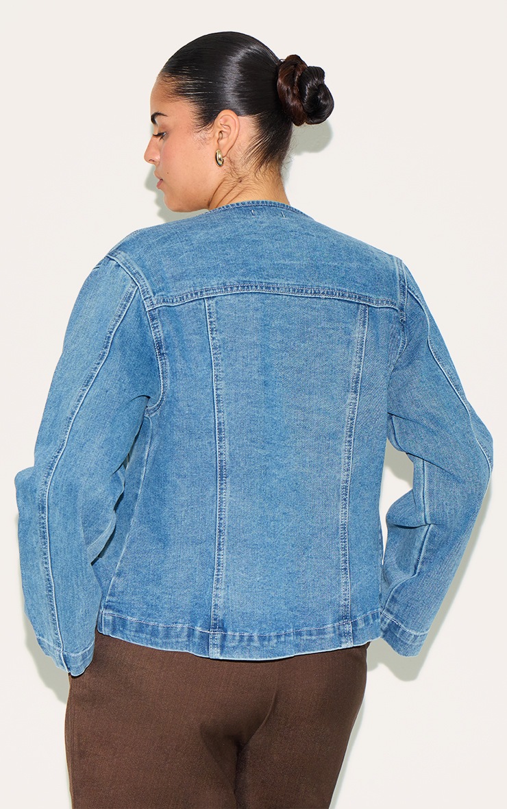 Plus Mid Blue Wash Mid Blue Wash Cinched Round Neck Denim Jacket | Plus ...