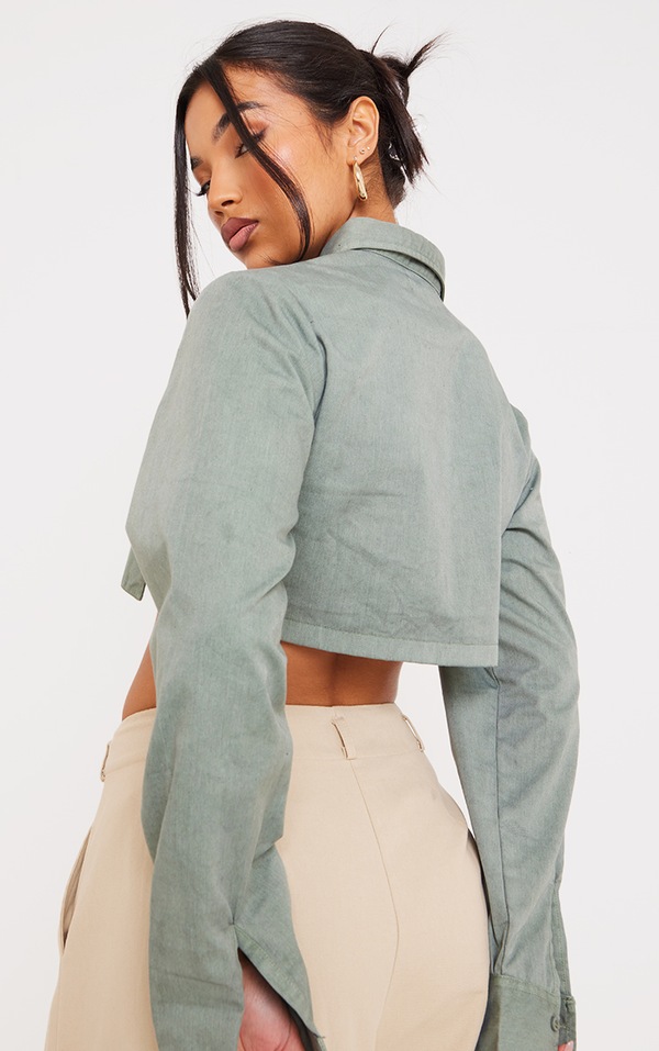 Khaki Cargo Zip Cropped Shirt | Tops | PrettyLittleThing USA