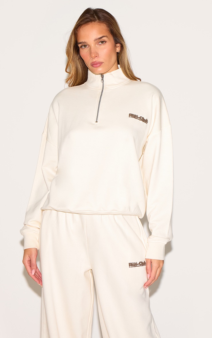 Cream Run Club Puff Print Quarter Zip Sweatshirt | Athleisure | PrettyLittleThing USA