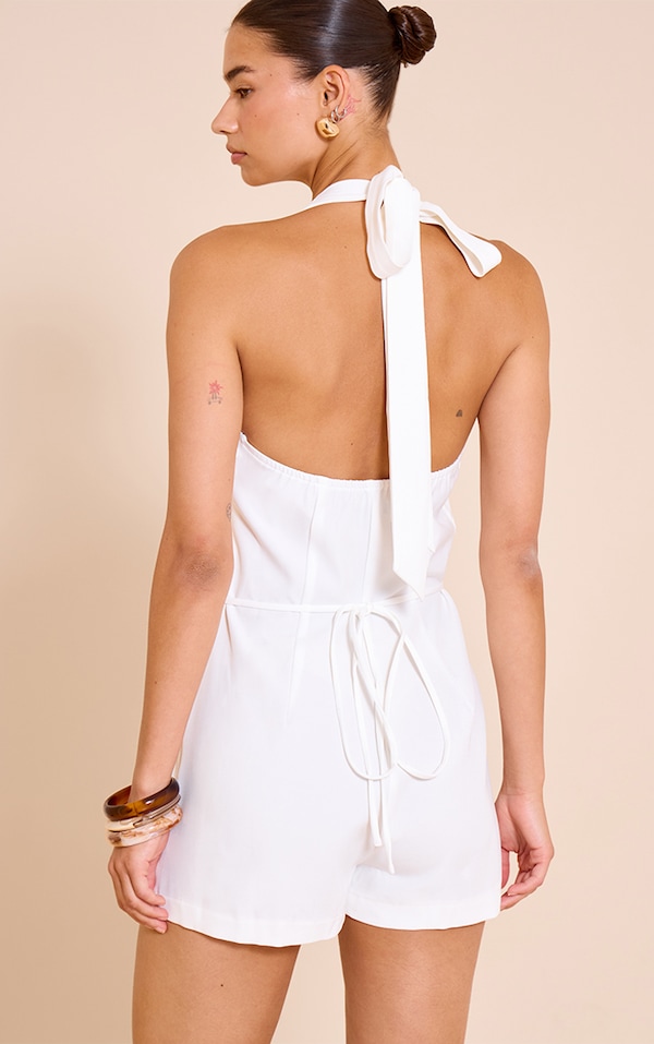 White Woven Halterneck Tailored Short Playsuit | Dresses | PLT