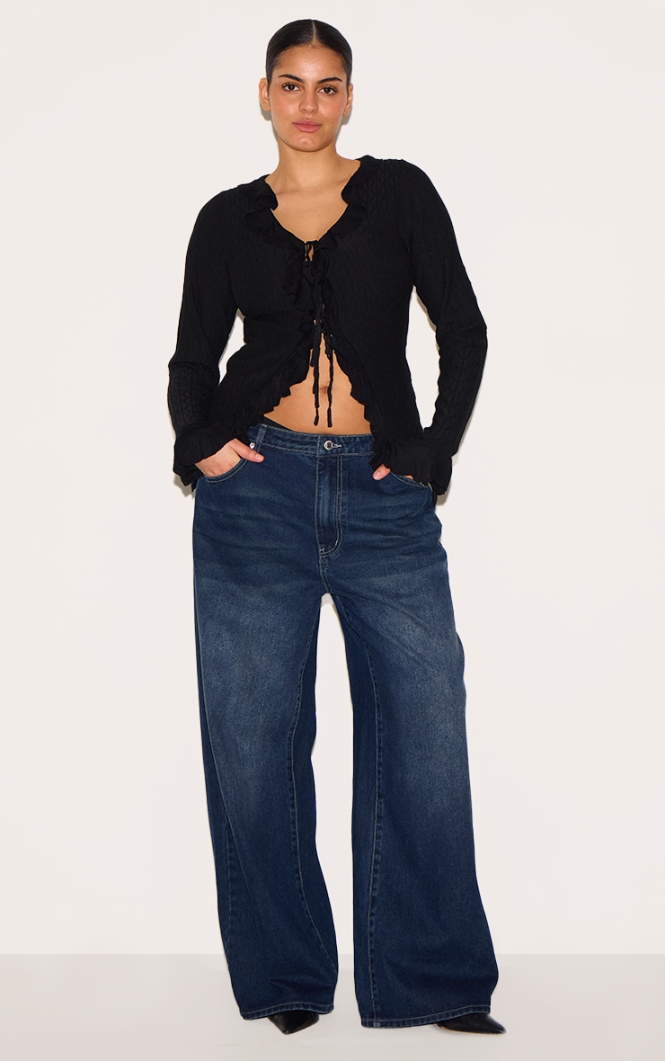 Plus Black Textured Knit Frill Tie Front Top | Plus Size ...