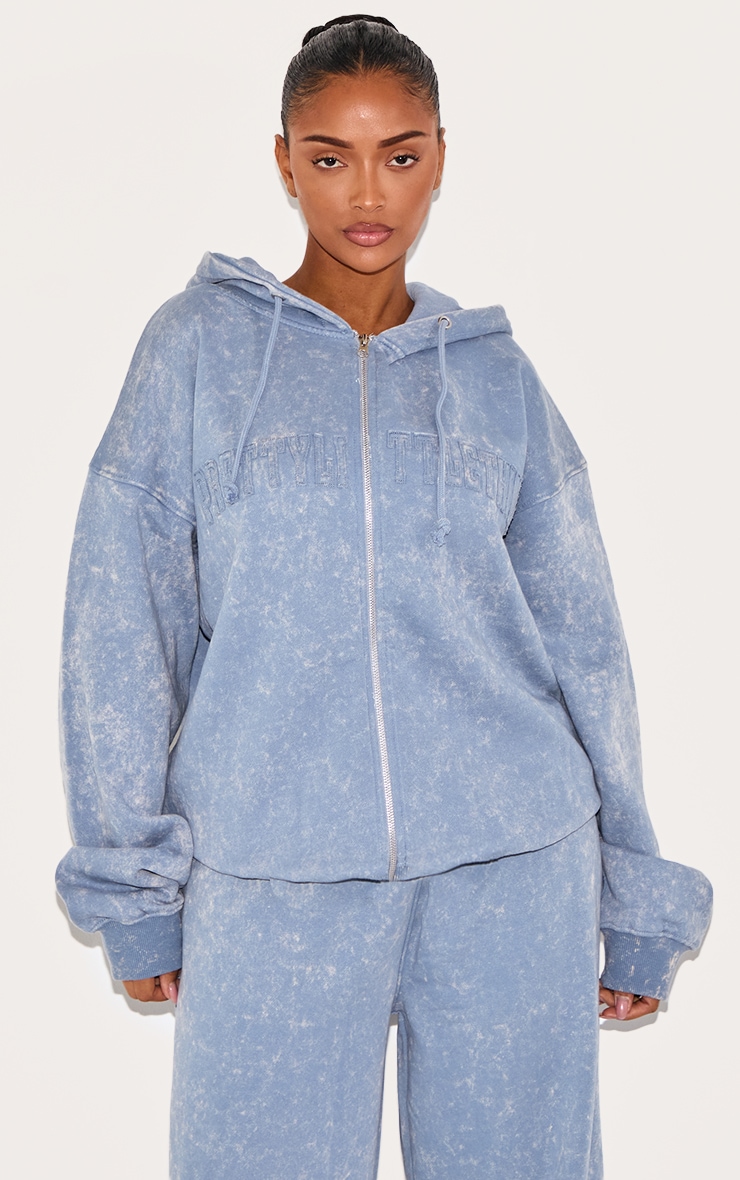 PLT Shape Petrol Blue Embroidery Washed Zip Hoodie | Shape ...