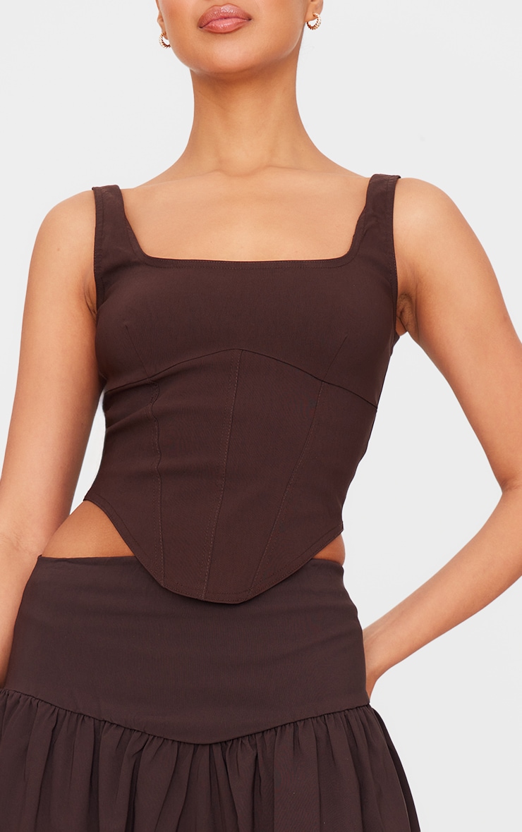 Dark Brown Stretch Woven Square Neck Corset Top | Tops | PrettyLittleThing
