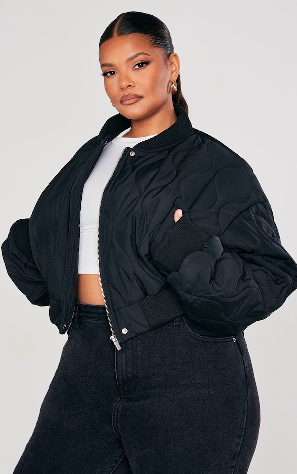 Plus Black Panelled Bomber Jacket | Plus Size | PrettyLittleThing USA