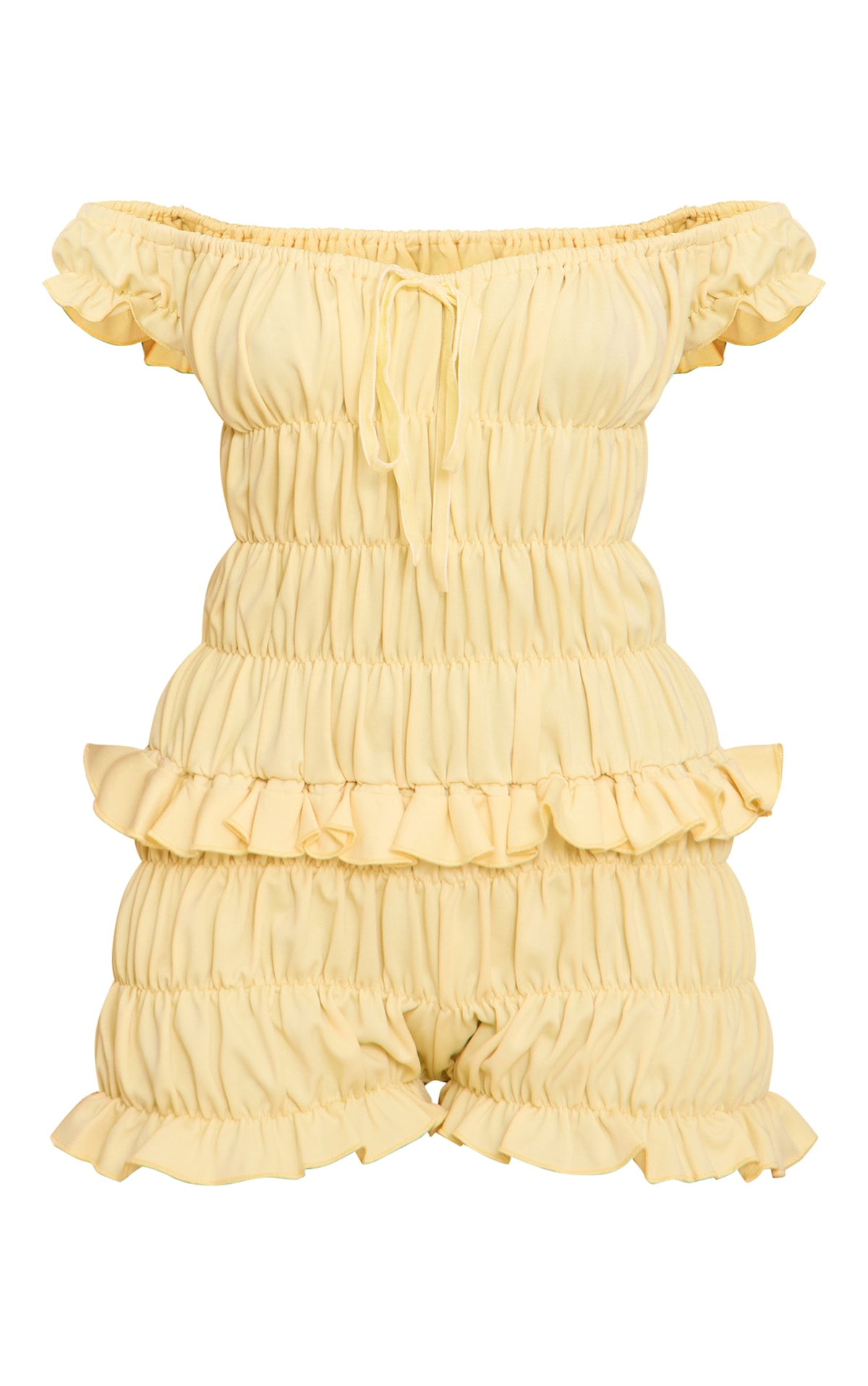 Lemon Extreme Ruched Bardot Romper | Dresses | PrettyLittleThing USA