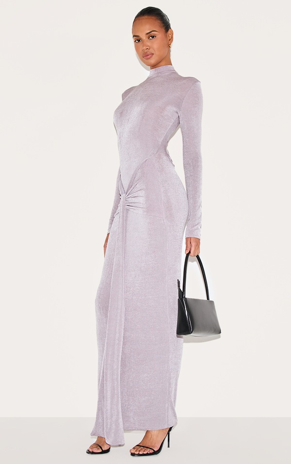 Mushroom Slinky Acetate Wrap Maxi Dress | Dresses | PLT