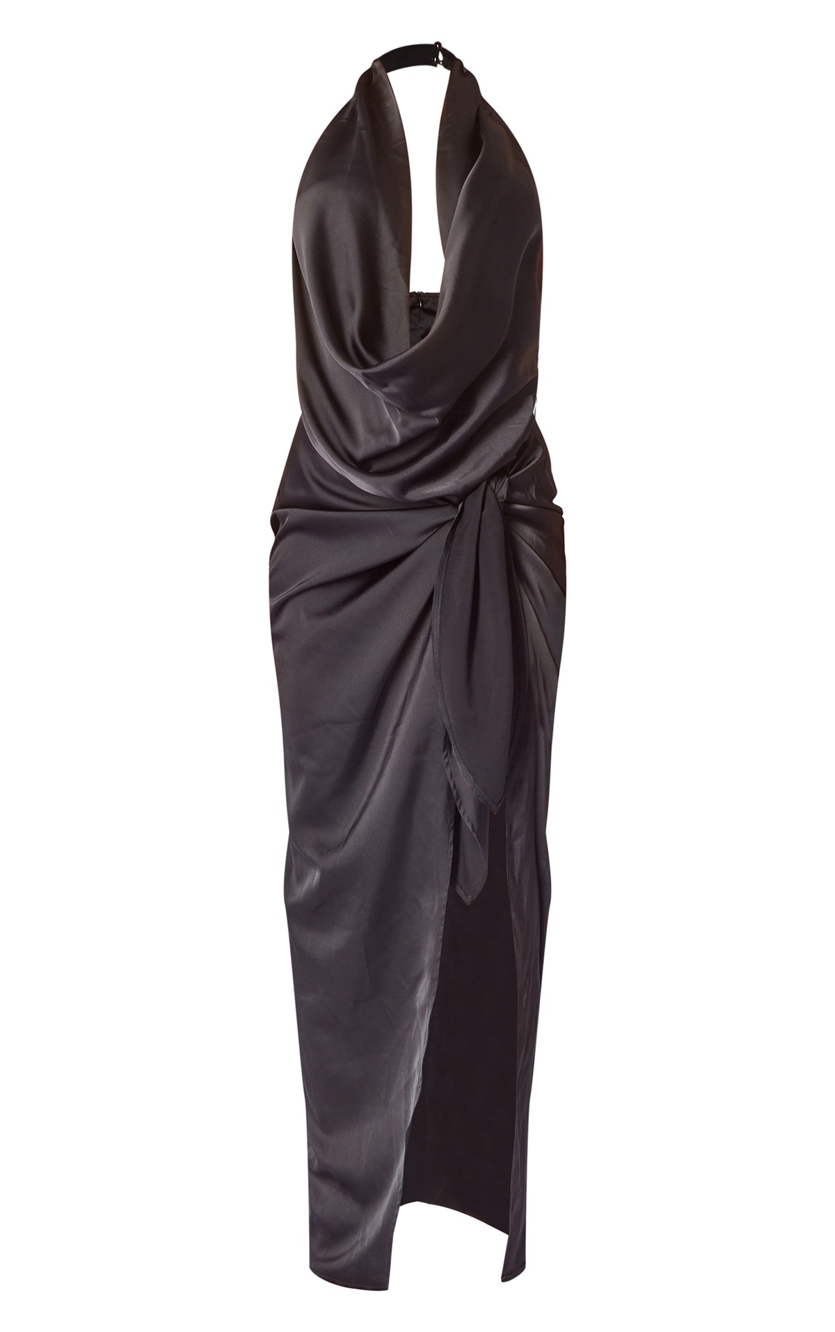 Black Satin Extreme Cowl Ruched Front Maxi Dress | Dresses | PrettyLittleThing USA