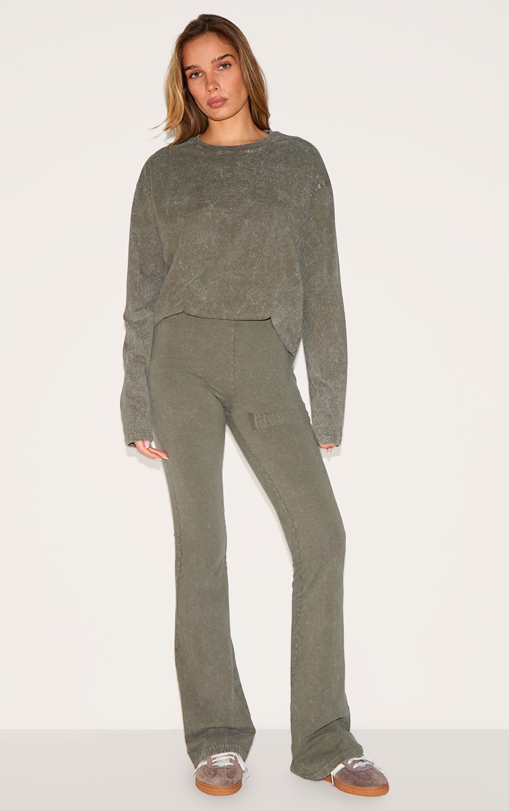 PLT Olive Embossed Logo Washed Skinny Flare Pant | Co-ords | PLT USA