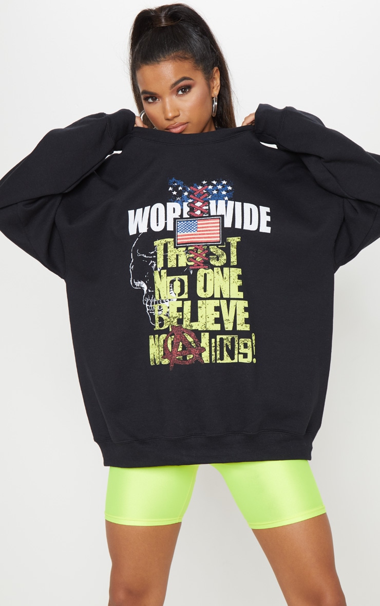 Black Worldwide Slogan Printed Sweater | Tops | PLT