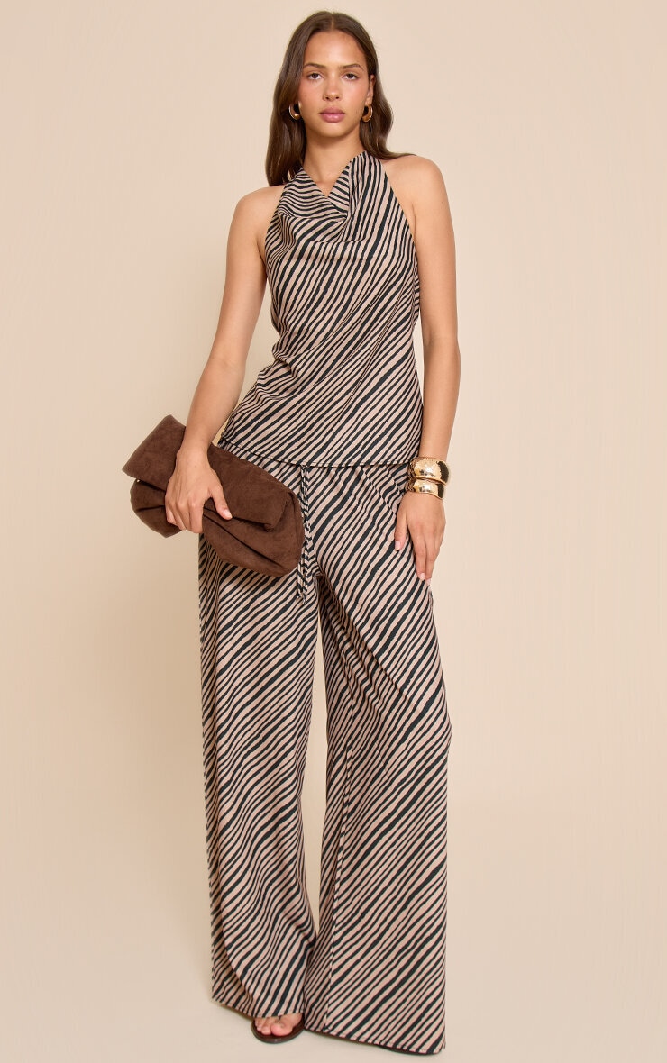 Brown Stripe Woven Halter Neck Floaty Long Top | Co-ords | PLT