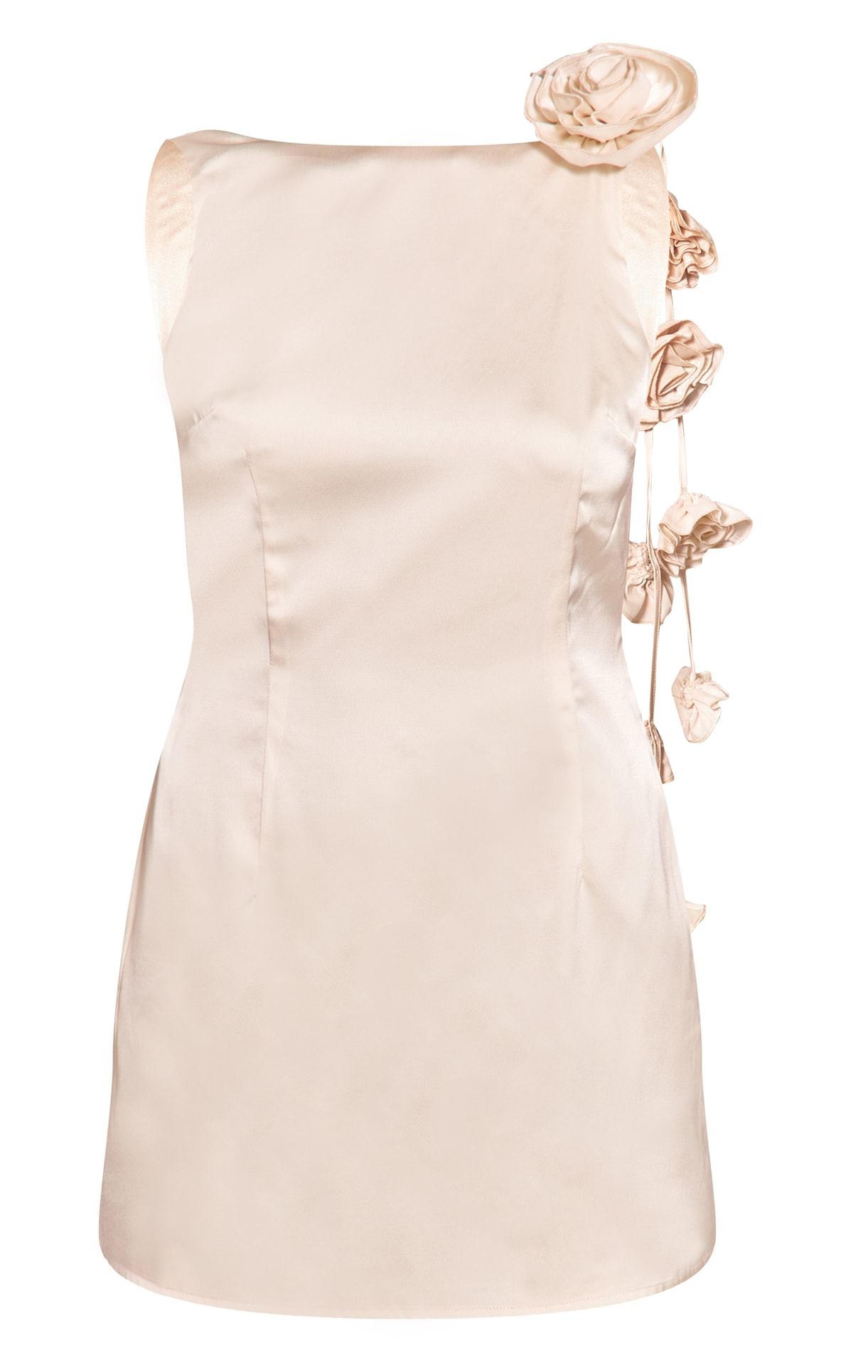 Cream Satin Corsage Boat Neck Mini Dress | Dresses | PLT IRE