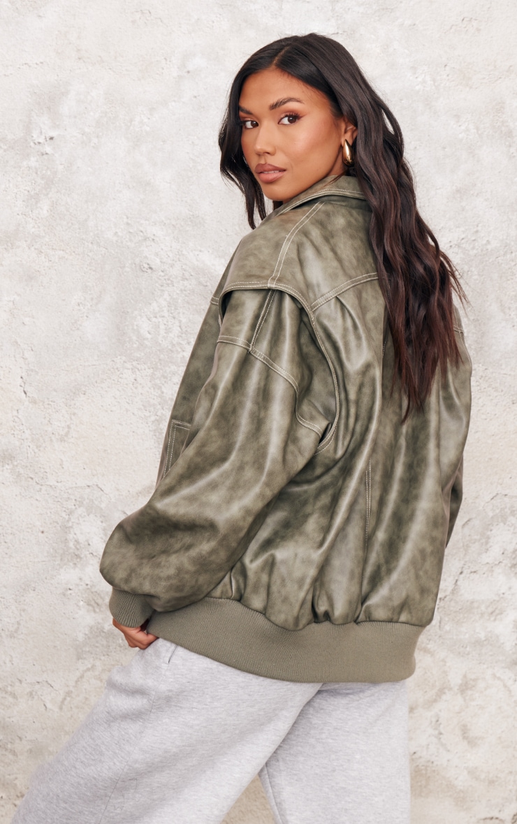 Washed Green Distressed PU Longline Bomber Jacket | Outerwear | PLT