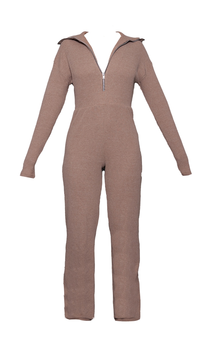 Chocolate Marled Rib Collar Detail Zip Jumpsuit | Dresses ...