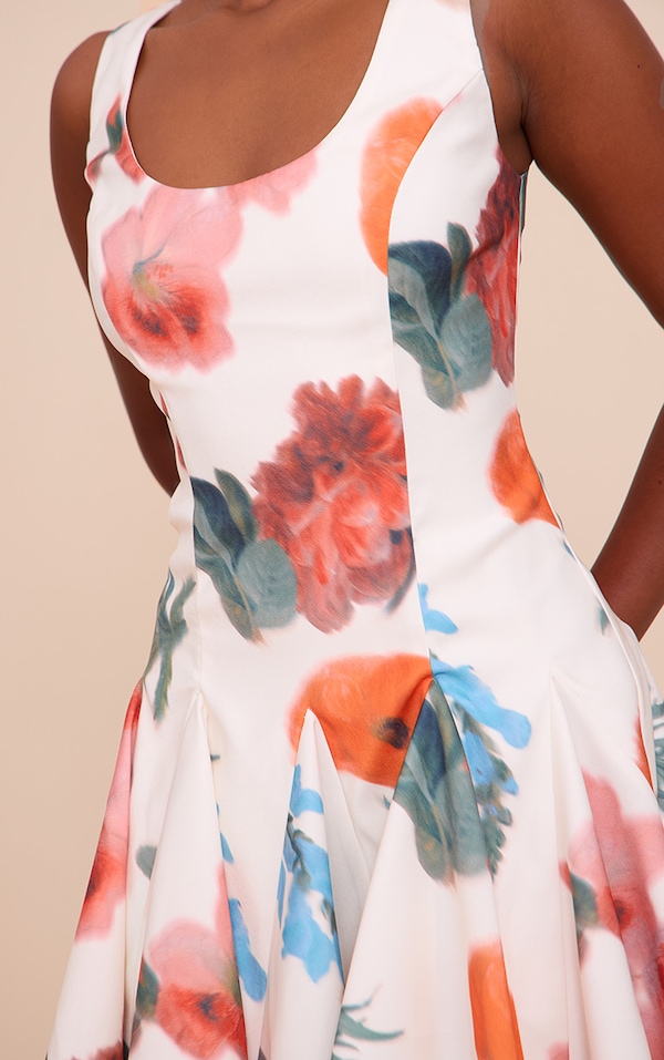 Cream Floral Printed Woven Godet Shift Dress | Dresses | PLT