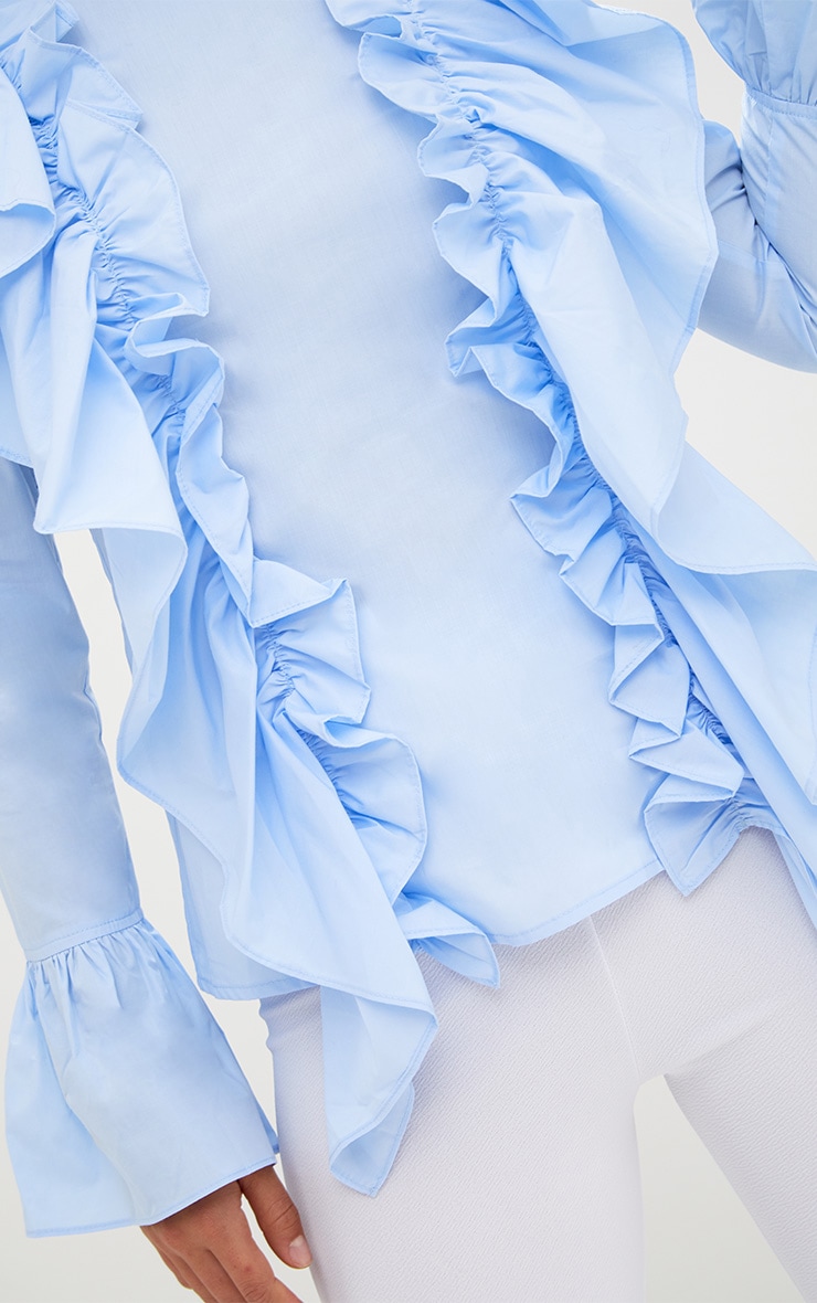 Blue Ruffle Frill High Neck Shirt. Tops | PrettyLittleThing