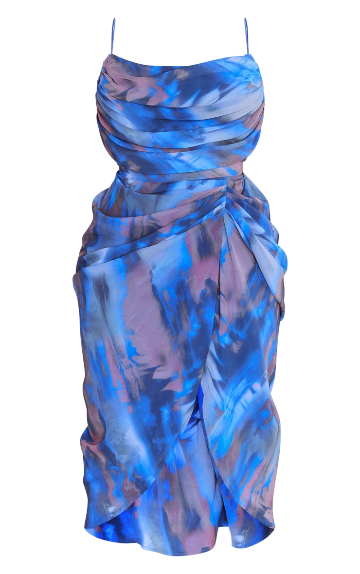 Plus Blue Abstract Chiffon Ruched Drape Midi Dress | Plus Size | PLT