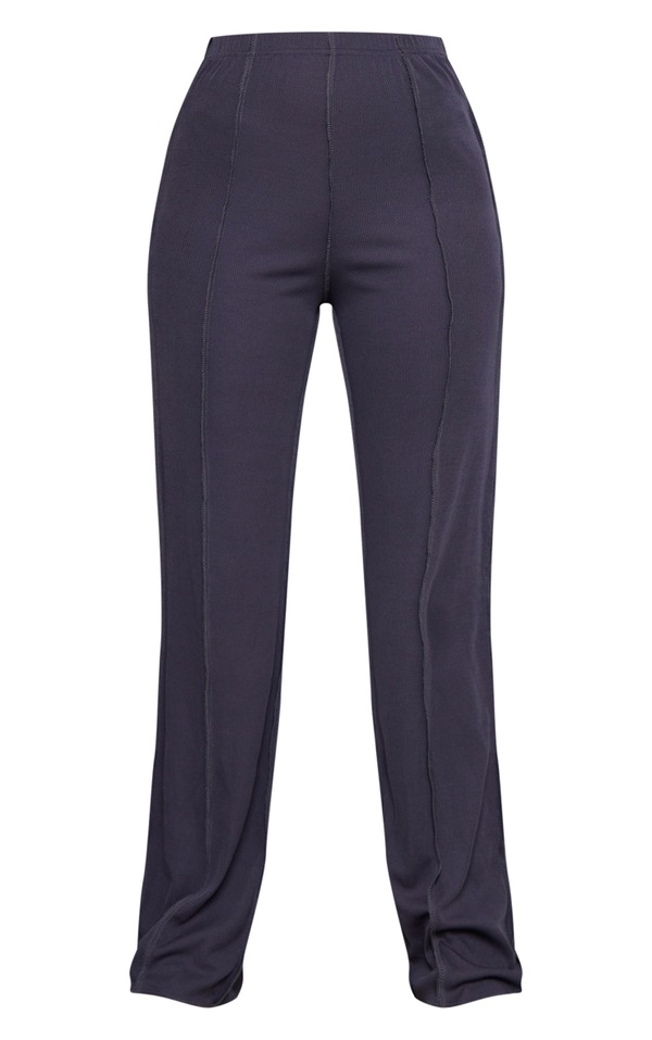 Tall Steel Blue Rib High Waist Wide Leg Trousers | Tall | PLT