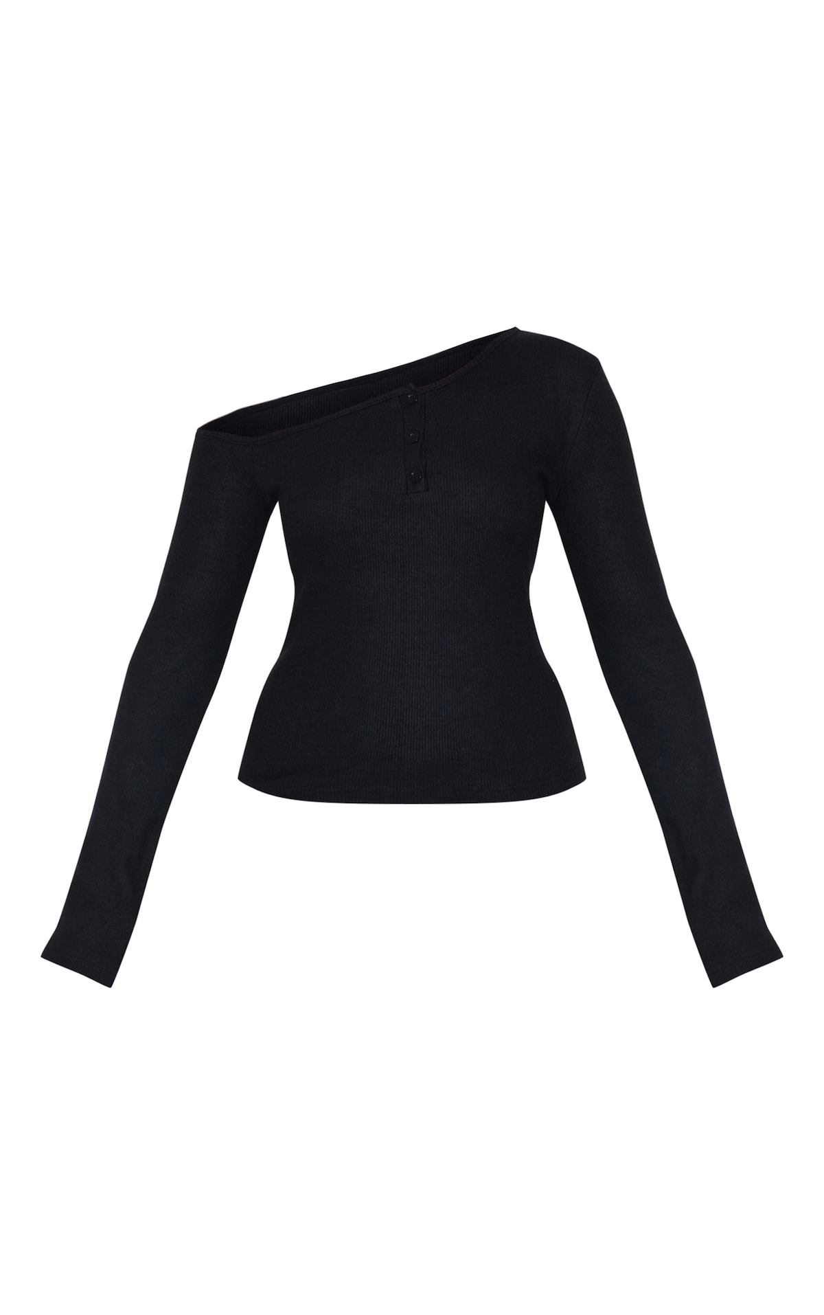 Black Rib Button Detail Asymmetric Long Sleeve Top | Tops | PLT