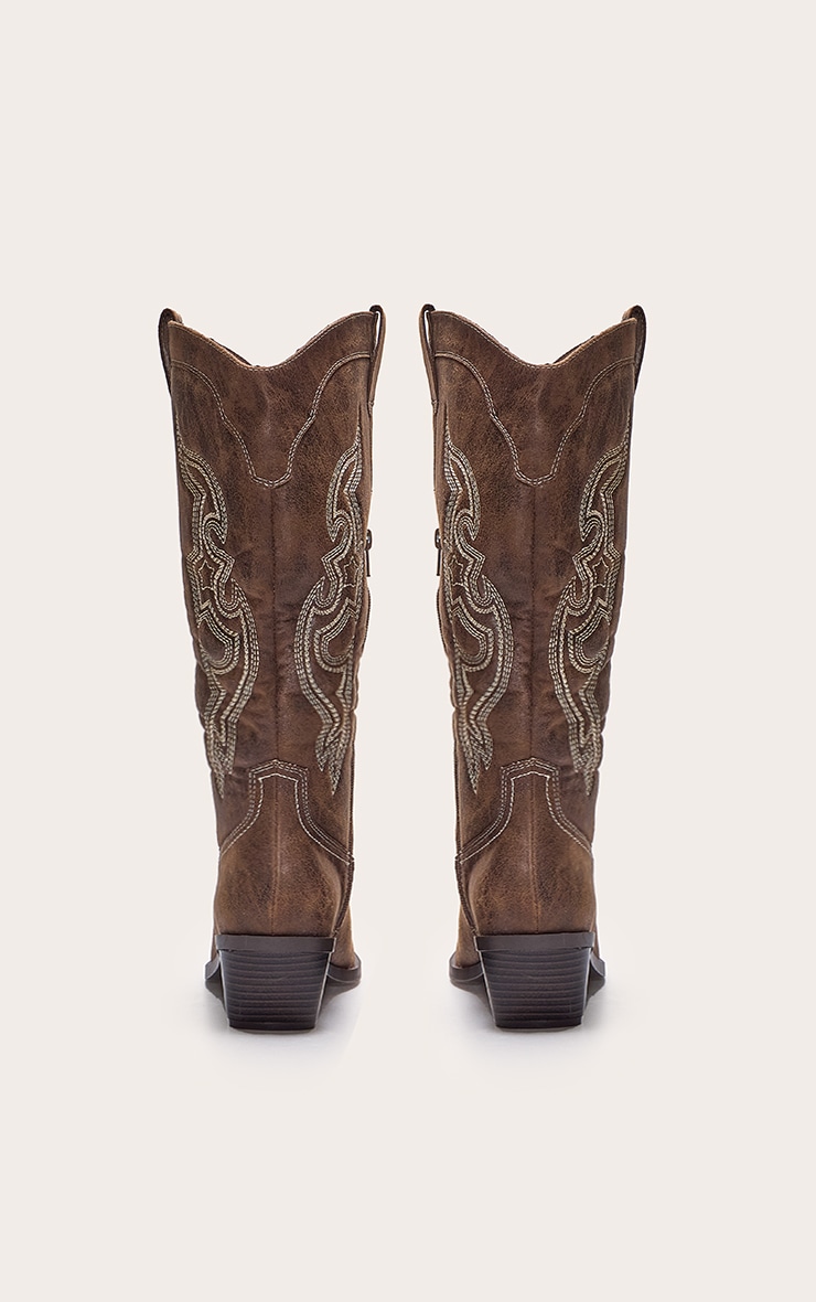 Brown Pu Point Toe Western Calf High Boots | Footwear | PLT