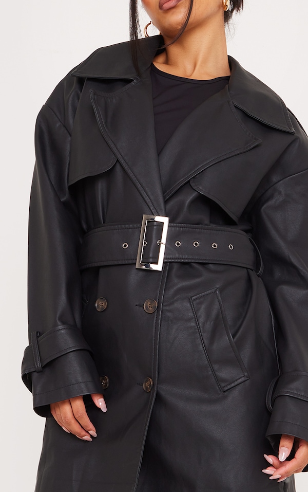 Black Faux Leather Statement Buckle Trench Coat | Outerwear ...